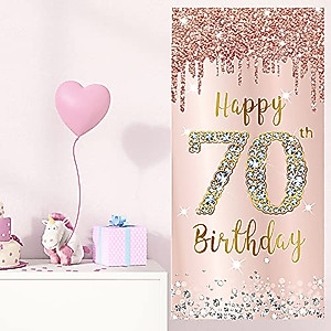 70th Birthday Door Banner Decorations for Women, Pink Rose Gold Happy 70th Birthday Door Cover Backdrop Party Supplies, Large Seventy Year Old Birthday Poster Sign Decor