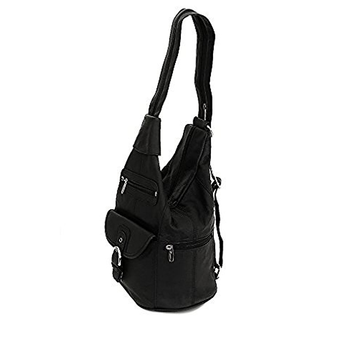 Womens Leather Convertible 7 Pocket Medium Size Tear Drop Sling Backpack Purse Shoulder Bag, Black