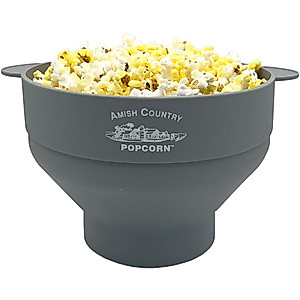 Amish Country Popcorn | Collapsible Silicone Microwave Popper with Customized ACP Logo | BPA and PVC Free Popcorn Bowl with Handles | Dishwasher Safe | Includes 2-2 oz Bags of Kernels (Grey)