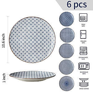 YELLOYA Japanese Large Dinner Plates Set 10.6 Inch-Salad Serving Dishes Set of 6-Blue and White Plates,Dishwasher & Microwave Safe, Assorted Pattern Plates