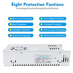 inShareplus 24V 16.5A 400W Universal Regulated Switching Power Supply, 100-240V AC to DC 24 Volt LED Driver, Converter, Transformer, Adapter for LED Strip Light, CCTV, Computer Project, 3D Printer etc