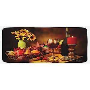 Lunarable Winery Kitchen Mat, Still Life Image of Red Wine Flowers Fruits and Nuts with Candle Romantic Evening, Plush Decorative Kitchen Mat with Non Slip Backing, 47" X 19", Vermilion Yellow