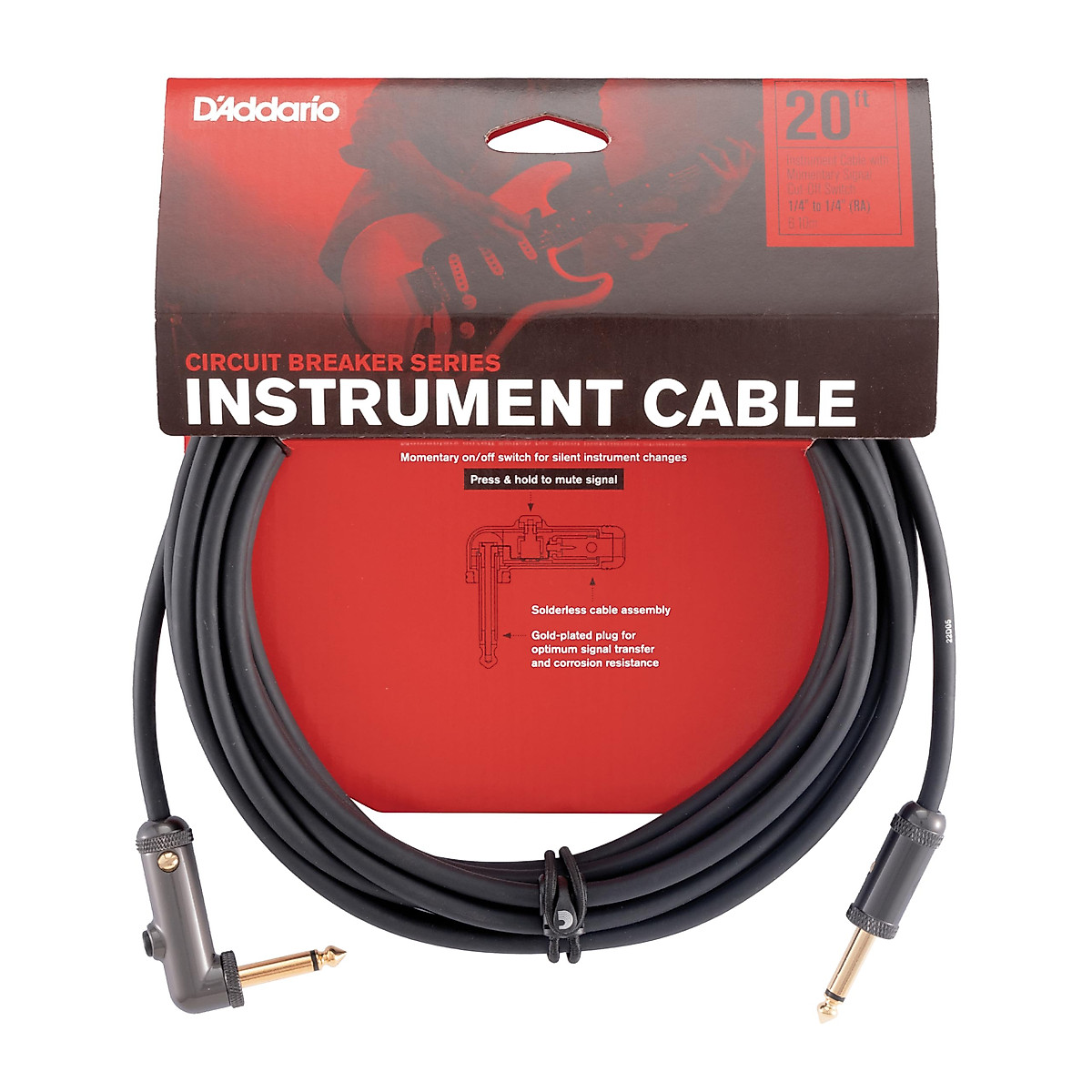 D'Addario Accessories Cable, Black, 20 feet (PW-AGRA-20)