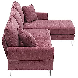 KoiHome 84" Convertible Sectional 2 Pillows, Modern Chenille L-Shaped Couch with Reversible Chaise Lounge, 3-Seater Sleeper Sofa, Fit for Living Room,Office,Apartment, Polyester, Pink