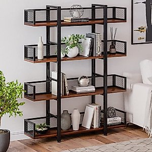 TODDLA 4 Tier Industrial Book Shelf, Solid Wood Bookcase, Rustic Book Case, Metal and Wood Book Shelf, Pine Wood Bookshelves, Real Wood Bookshelf