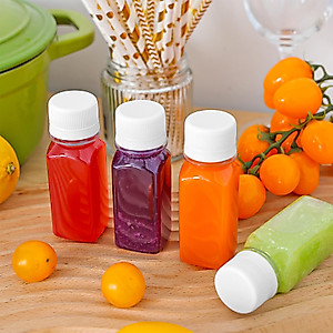 Moretoes 12pcs 2oz Shot Bottles with Caps, Mini Juice Bottles, Reusable Clear Bottles for Liquids, Empty Containers with Lids for Oil, Juice and Other Beverages