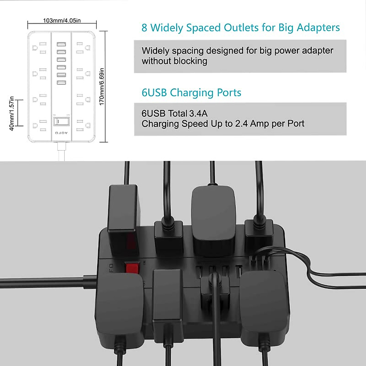 Power Strip with USB,AOFO Extension Cord 8 Widely Spaced Outlets and 6 USB Charging Ports Surge Protector for iPhone iPad PC Home Office Travel, 5 Feet Long Cord, Black