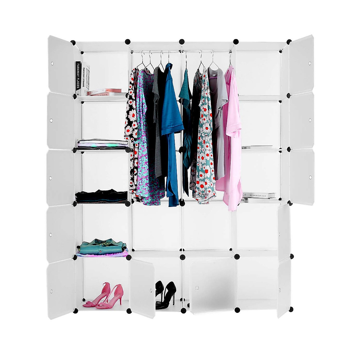 Devo Portable Wardrobe for Hanging Clothes, Cube Storage Organizer, DIY Closet Clothes Plastic Wardrobe for Space Saving (20 Cubes) with Hammer (White)