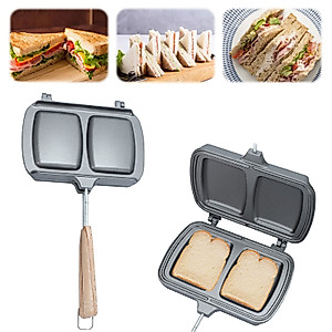 Double-Sided Sandwich Baking Pan, Double Sided Frying Pan, Sandwich Grill Gas Stove Grilled Cheese Maker Nonstick Sandwich Maker Flip Grill Pan for Breakfast Pancakes, Removable Handle (Style 2)