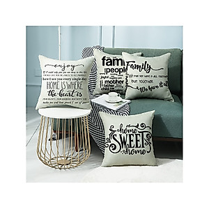 ELLIEMAPH Home Sweet Home Family Throw Pillow Covers 18x18 Inch Set of 4 Linen Decorative Cushion Cases for Bed Sofa Couch Decoration with Bonus 12x18 Inch Welcome Garden Flag