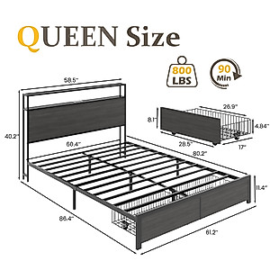 Lifezone Queen Bed Frame with 2-Tier Storage Headboard, Metal Bed Frame with Storage Drawers & Built-in Charging Station & LED, Noise-Free, No Box Spring Needed, Easy Assembly, Rustic Grey