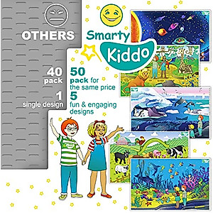Smarty Kiddo 50 Pack Disposable Stick-On Placemats for Baby, 5 Designs Individually Folded - Farm, Sea World, Zoo, Antarctica & Space - Sticky Table Topper for Baby & Kids, Toddlers