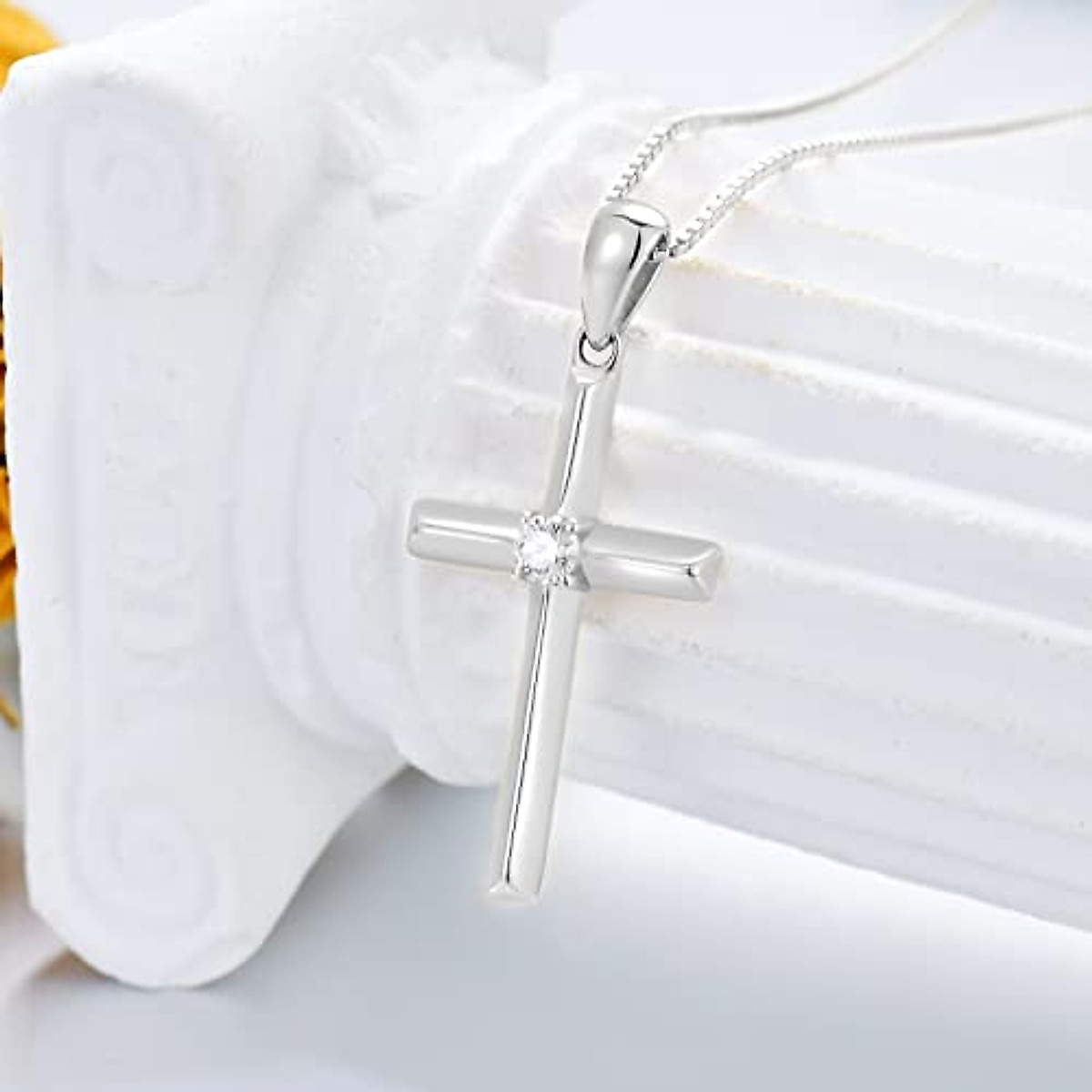 SISGEM 14k White Gold Diamond Cross Necklace for Women, Real Gold Box Chain with Cross Pendant, Religious Jewelry Gifts for Her, (0.05ct) 18 Inch