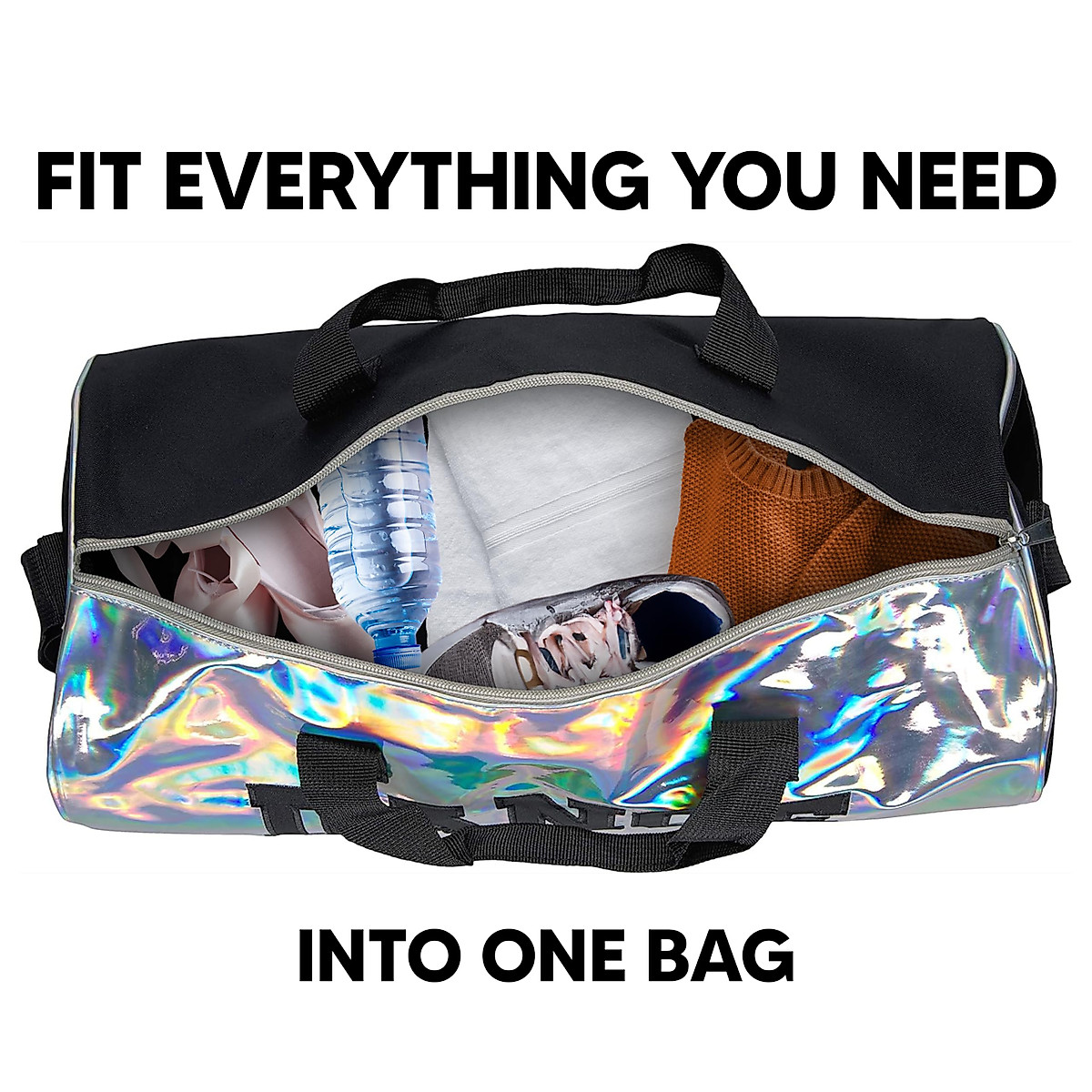 Holographic Dance Duffle Bag for Girls, Kids Travel Bag with Adjustable Carry on and Handy Pouch, Dance Accessories for Girls, Teens - 16 L