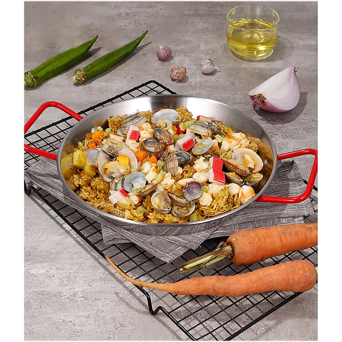 Alunsito Paella Pan, 10 Inch Stainless Steel Skillet Griddle Pan with Red Handle Non-Stick Cooking Pan Suitable for Cooktops Including Induction