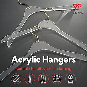 YG Living Clear Acrylic Hangers with Gold Hooks - 15 Pack - Hangers for Shirts - Clothing Hangers for Closet or Dorm - Heavy Duty Hangers to Hang Coats, Suits, Jackets - Coat Hanger with Notches