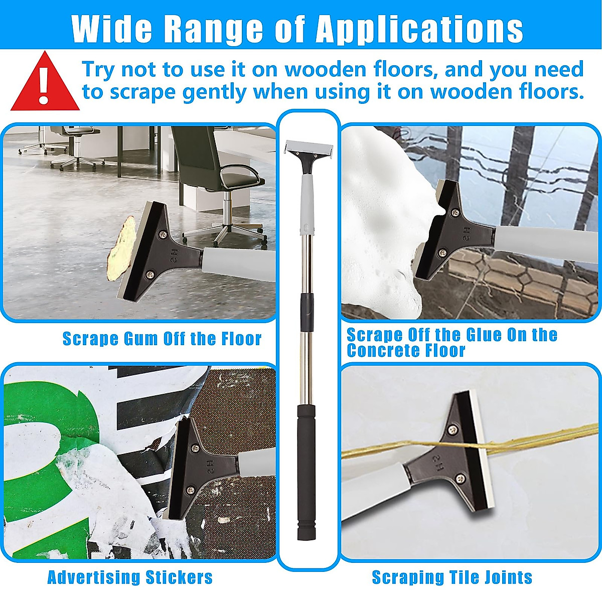 Frebuta Floor Scrapers Long Handle ,16 to 61In Heavy Duty 4 inch Razor Blade Floor Scraper with10PC Floor Blades Sponge Handle Stainless Steel Tube Quick and Easy Removal Price Stickers Tile Scraper