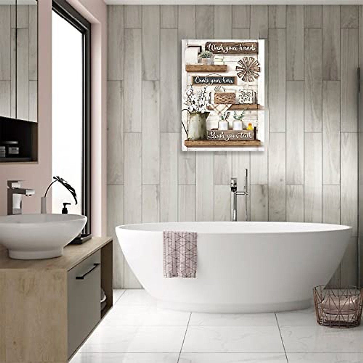 Fuzawet Farmhouse Bathroom Decor Wall Art Rustic Bathroom Pictures Canvas Print Country Bathroom Signs Painting Artwork Modern Home Decorations for Bathroom Framed Ready to Hang 12x16in