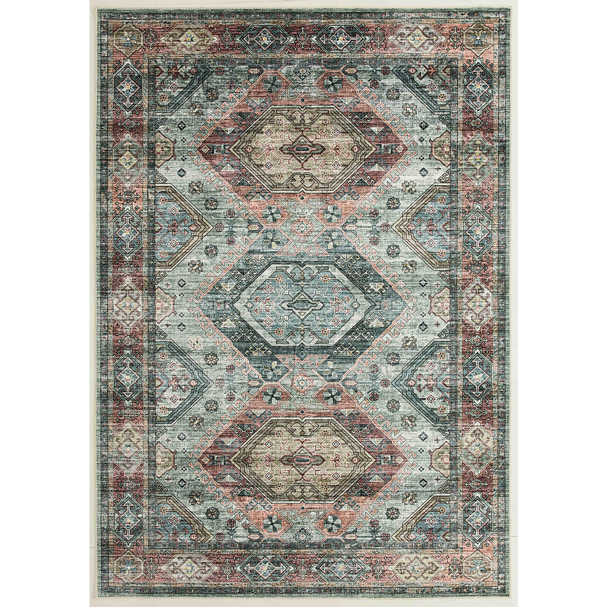 Fashriend Rita Moroccan Entry Rug, 2'×3' Washable Western Door Mat, Non-Slip Southwest Boho Rug, Non-Shedding Aztec Rug, Geometric Carpet with Low Pile for Bathroom, Laundry, Kitchen, Hallway, Green