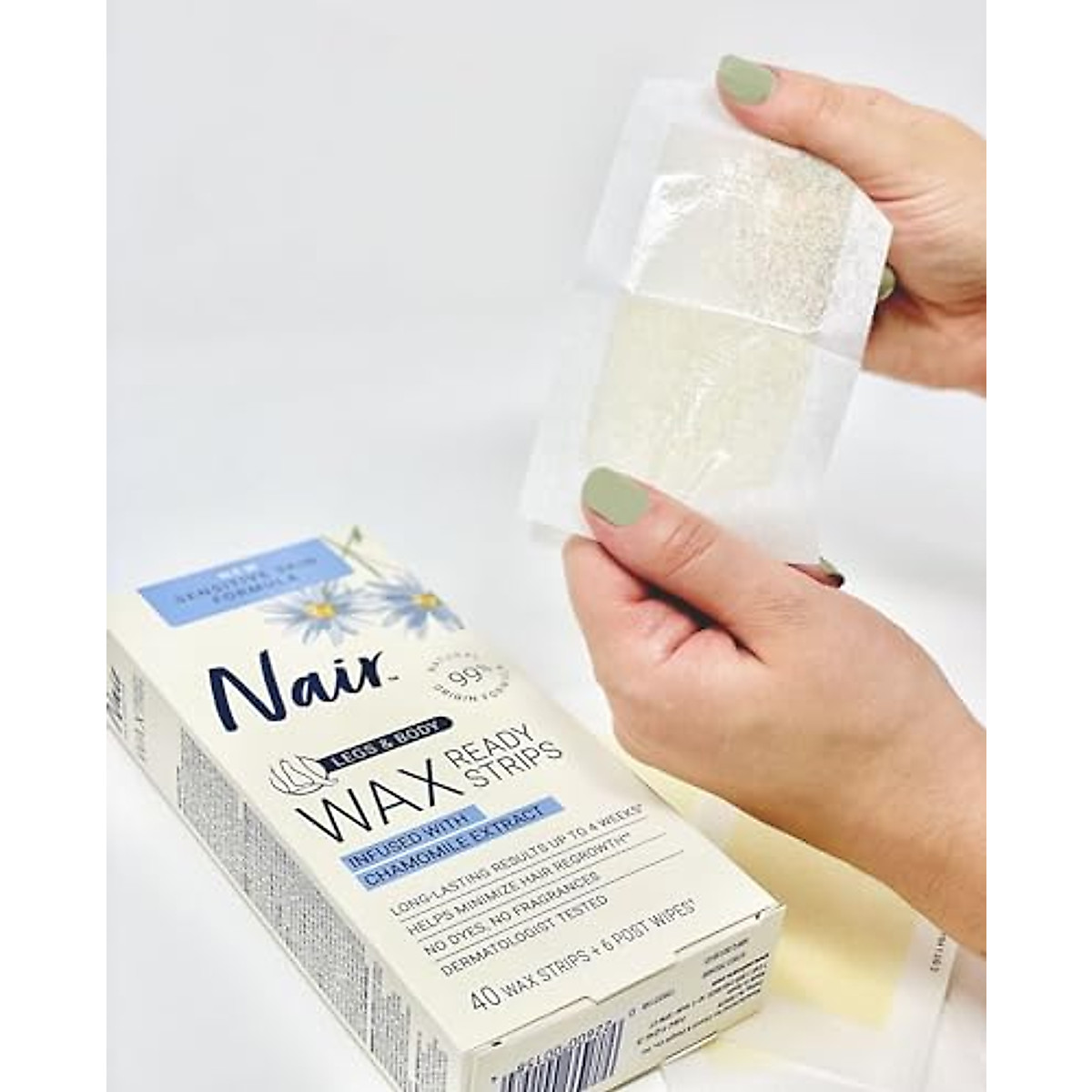Nair Sensitive Hair Remover Wax Ready Strips, Legs and Body Hair Removal Wax Strips, 40 Count