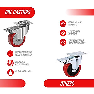 GBL 4" Heavy Duty Caster Wheels with 2 Brakes + Bolts and Nuts - up to 1320Lbs - Set of 4 No Floor Marks Silent Castor for Furniture - Trolley Pallet Swivel Wheels - Silver Casters
