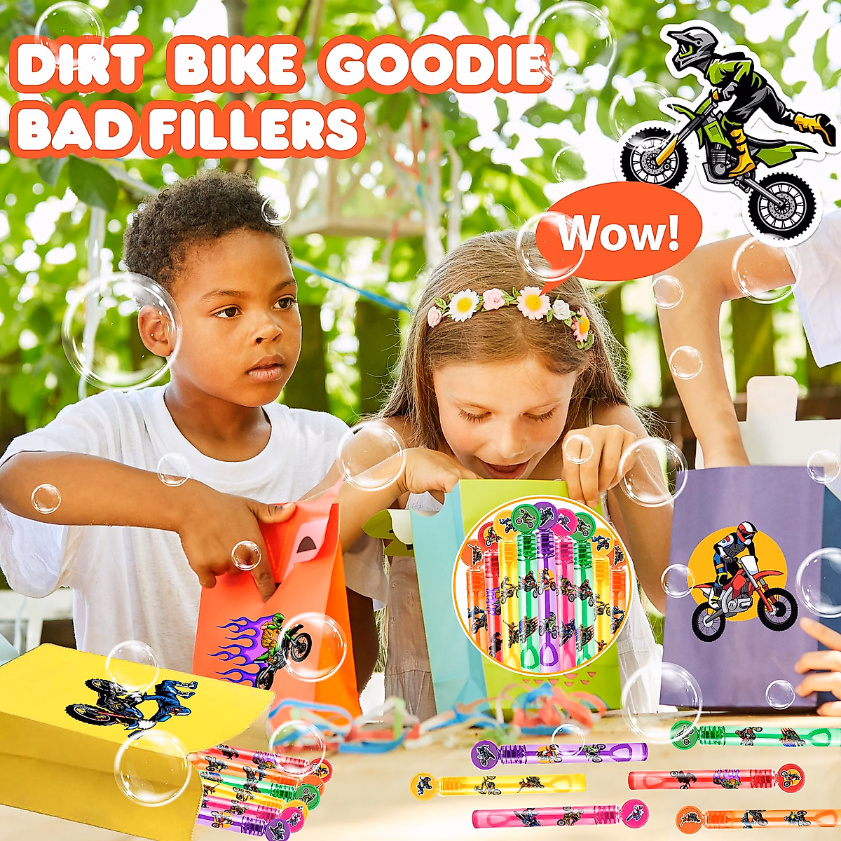 24PCS Dirt Bike DIY Bubble Wands Party Favors 96PCS Stickers for Goodie Bag Fillers Pinata Stuffers, Mini Bubble Bulk Birthday Party Supplies Toys Gifts Class Prizes for Toddlers Boys Girls