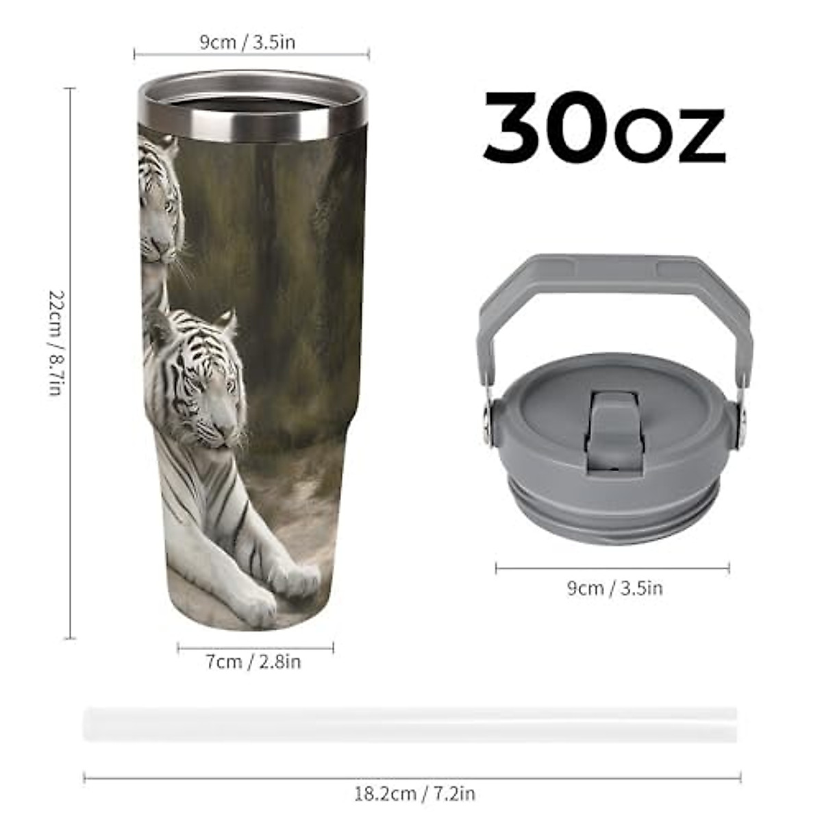 WITHSBKK 30oz Car Cup White Tigers Printed with Portable, Stainless Steel Travel Mug, Vacuum Insulated Tumbler And Straw, Leakproof for Car & Outdoor, UV Printed Design