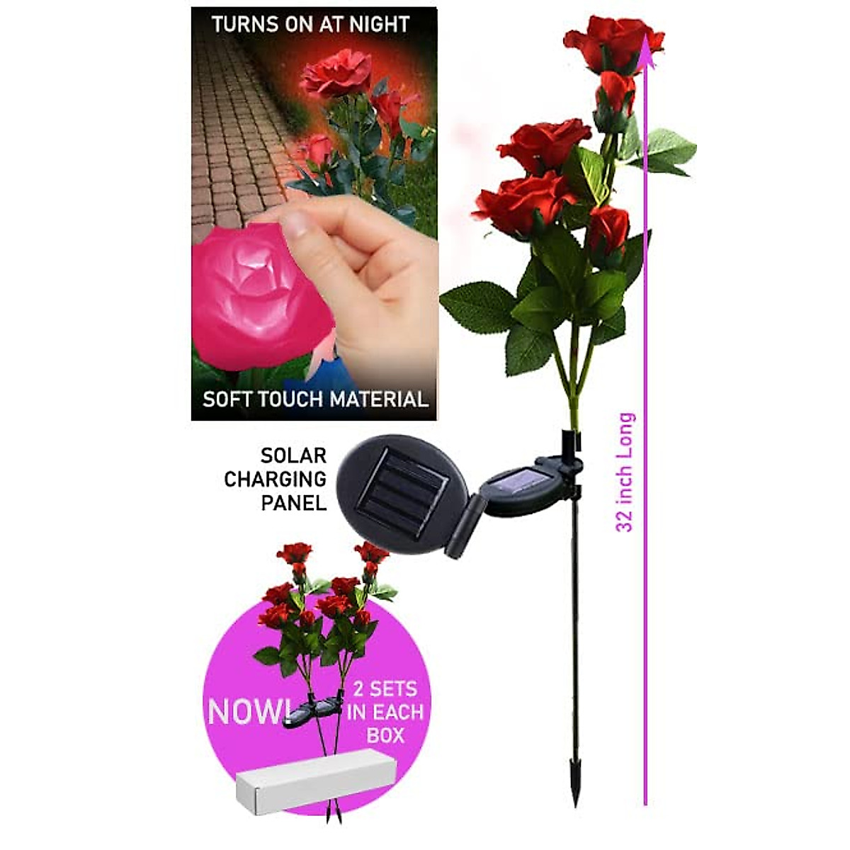 Red 2 Pack, Solar Garden Lights Decorative, 10 Rose Lights Flowers LED for Garden Yard Patio Pathway Lighting, Decorative Flower lamp, Rainproof(Red)