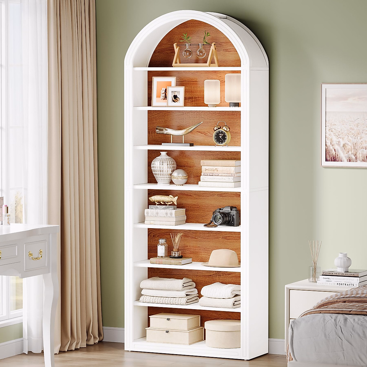 Tribesigns 78.7" Tall Arched Bookshelf, Modern White Arched Bookcase with Storage Shelves, 8-Tier Floor Standing Wood Open Display Shelving Unit for Living Room, Bedroom, Home Office (1)