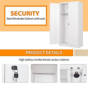 MIIIKO Steel Wardrobe, 72" Combination Storage Cabinet with Clothes Rod and 4 Shelves Organizer Storage, 2 Lockable Doors, for Office Home, Garage, Laundry Room