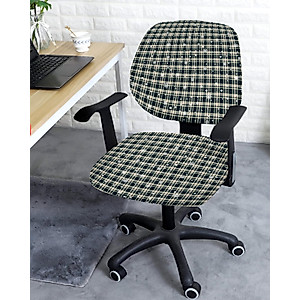 Christmas Snowflake Office Chair Cover Stretchable Computer Chair Seat Cover Backrest Slipcovers, Stretchable Rotating Desk Chair Seat Cushion Split Protectors Farmhouse Buffalo Plaid Blackish Green