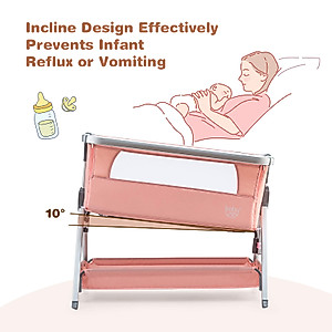 BABY JOY Bedside Bassinet, Portable Baby Crib w/Mattress, Two-Side Breathable Mesh, 7 Height Adjustable, Large Storage, Wheels for Easy Movement, Crib for Newborn Infant, Bassinet for Baby, Pink
