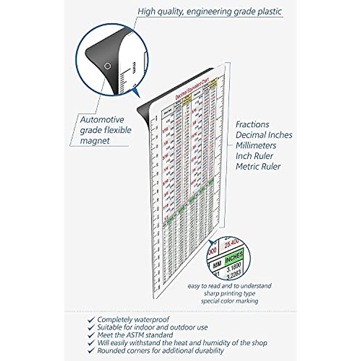 Useful Magnets 6 x 9 Decimal Equivalent Chart Flexible Magnet, Fractions - Decimals - Millimeters Conversion Chart with Inch and Metric Rulers