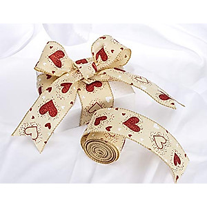 ATRBB Red Glitter Hearts Wired Edge Burlap Ribbon,The Valentine's Day Ribbon for Gift Wrapping and Decorative Bow,10 Yards by 2.5 Inches