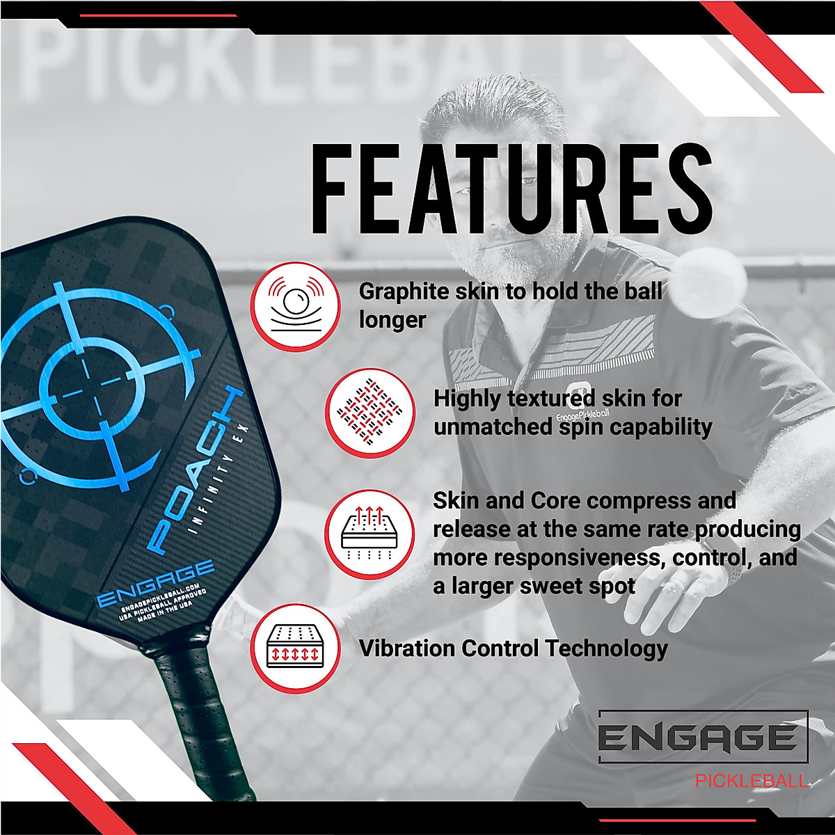 Engage Pickleball Poach Infinity EX Pickleball Paddle - Pickleball Paddles with Black Polymer Core - USAPA Approved Pickleball Paddles - Pickleball Rackets for Adults - Standard (Blue)