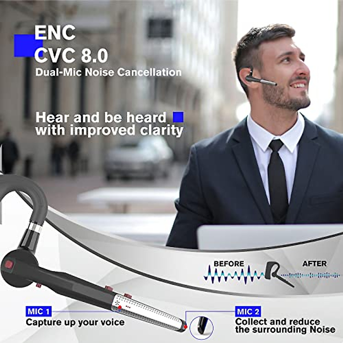 HonShoop Bluetooth Headset CVC8.0 Dual Mic Noise Cancelling, V5.0 Bluetooth Earpiece Earbud 14 Hrs HD Talktime Hands-Free Earphones for Driver Trucker Business Office (Black)