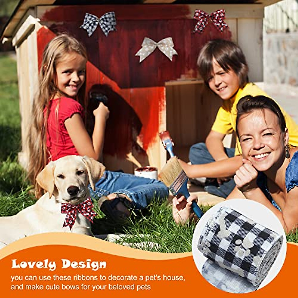 3 Rolls 19.5 Yards Paw Print Ribbon Dog Bone Ribbon Dog Paw Wrapping Ribbon Paw Print Wired Edge Ribbon Decorative Wrapping Ribbons for DIY Wrapping Craft（Beige, Red Black Plaid, White Black Plaid）