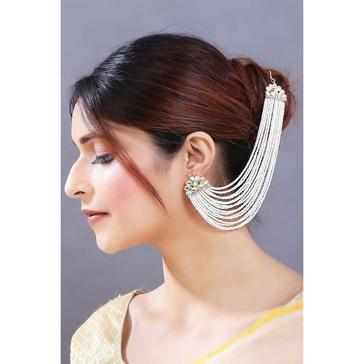 I Jewels Gold Plated Indian Wedding Bollywood Multi Strand Ear Chain With Pearl For Women (E2882W)