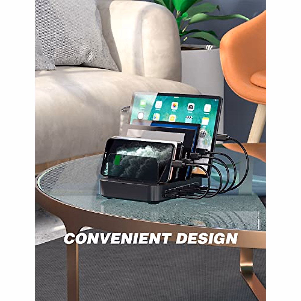 Charging Station for Multiple Devices, 50W Multi USB Charger Station,5 Ports Charging Dock with 8 Short Mixed Cables Watch & Airpod Stand Included for iPhone, iPad, Cell Phone, Tablets