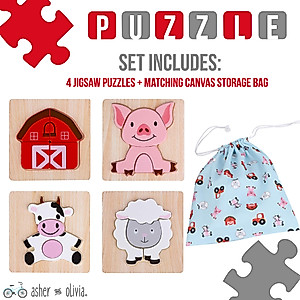 Wooden Puzzles for Toddlers 1-3 – Educational Jigsaw PuzzlesToys for Preschool Kids Ages 1 2 3 Year Old Boys or Girls Gift with Matching Canvas Bag - Farm Wooden Animals Set Developmental Games