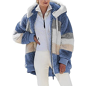 Dokotoo Womens Fashion Color Block Patchwork Winter Fuzzy Warm Fleece Jacket with Hooded Casual Warm Open Front Long Sleeve Cardigans Zipper Coats for Women Outerwear with Pockets Blue X-Large