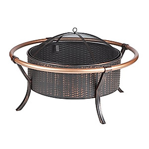 Fire Sense 60859 Fire Pit Copper Rail Steel Fire Bowl with Weave Pattern Wood Burning Lightweight Portable Outdoor Firepit Backyard Fireplace Included Screen Lift Tool - Antique Bronze - 27.5"