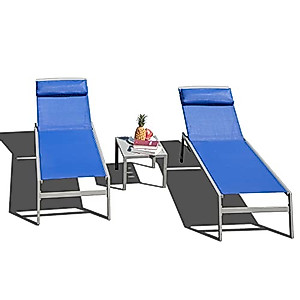 Domi Patio 3 Pieces Aluminum Textilene Chaise Lounge Set with Side Table Outdoor, Adjustable Back and Pillow for Yard Garden Sunbathing for All Seasons Blue(2022 New)