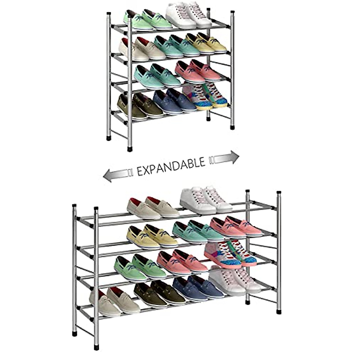 TZAMLI 4-Tier Free Standing Shoe Rack Metal Iron of Expandable and Adjustable Shoes Organizer, Stackable Shoe Shelf for Entryway Doorway, 24.41" x 8.66" x 25.98" (Silver Gray, 4-Tier)
