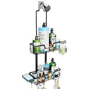 Skyapex Hanging Shower Caddy Over Showerhead, Extended Long Adjustable Bathroom Shower Organizer Hanging with 2 Soap Holders and 12 Hooks, Rustproof Large Capacity Shower Rack, Stainless Steel, Black