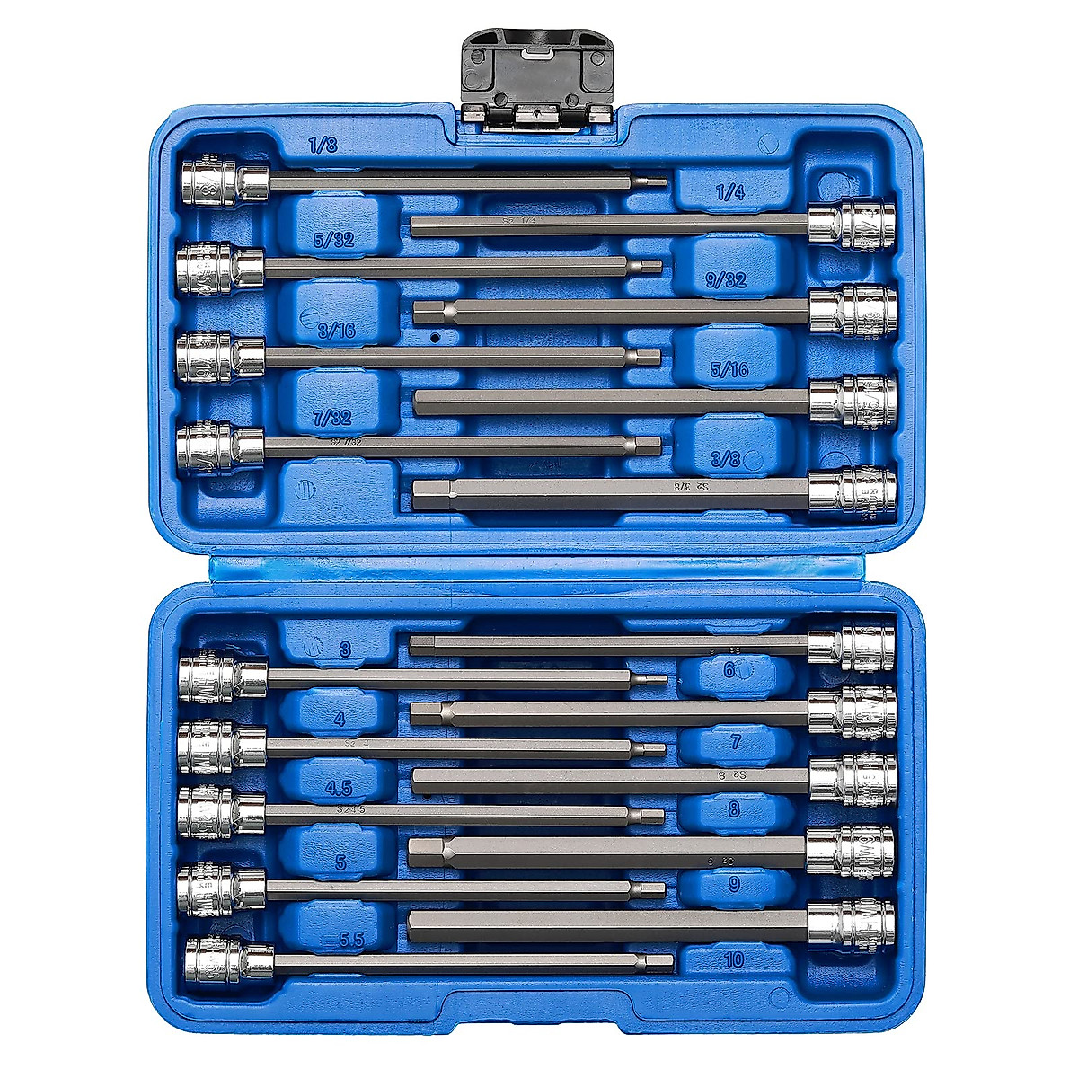 Mayouko 3/8" Drive Extra Long Allen Hex Bit Socket Set, 1/8" - 3/8", 3-10mm, S2&CR-V, Metreic&SAE, 18 Pieces, 150mm/5.9" Length