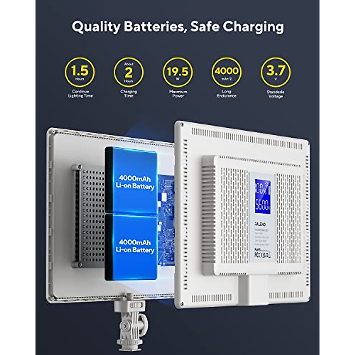 RALENO Led Video Light, Built-in 4000mAh*2 Battery 3200-5600K CRI95+ 0-100% Brightness Adjustment on Camera Light, for Vlog Lighting Video Conference YouTube Studio Photography