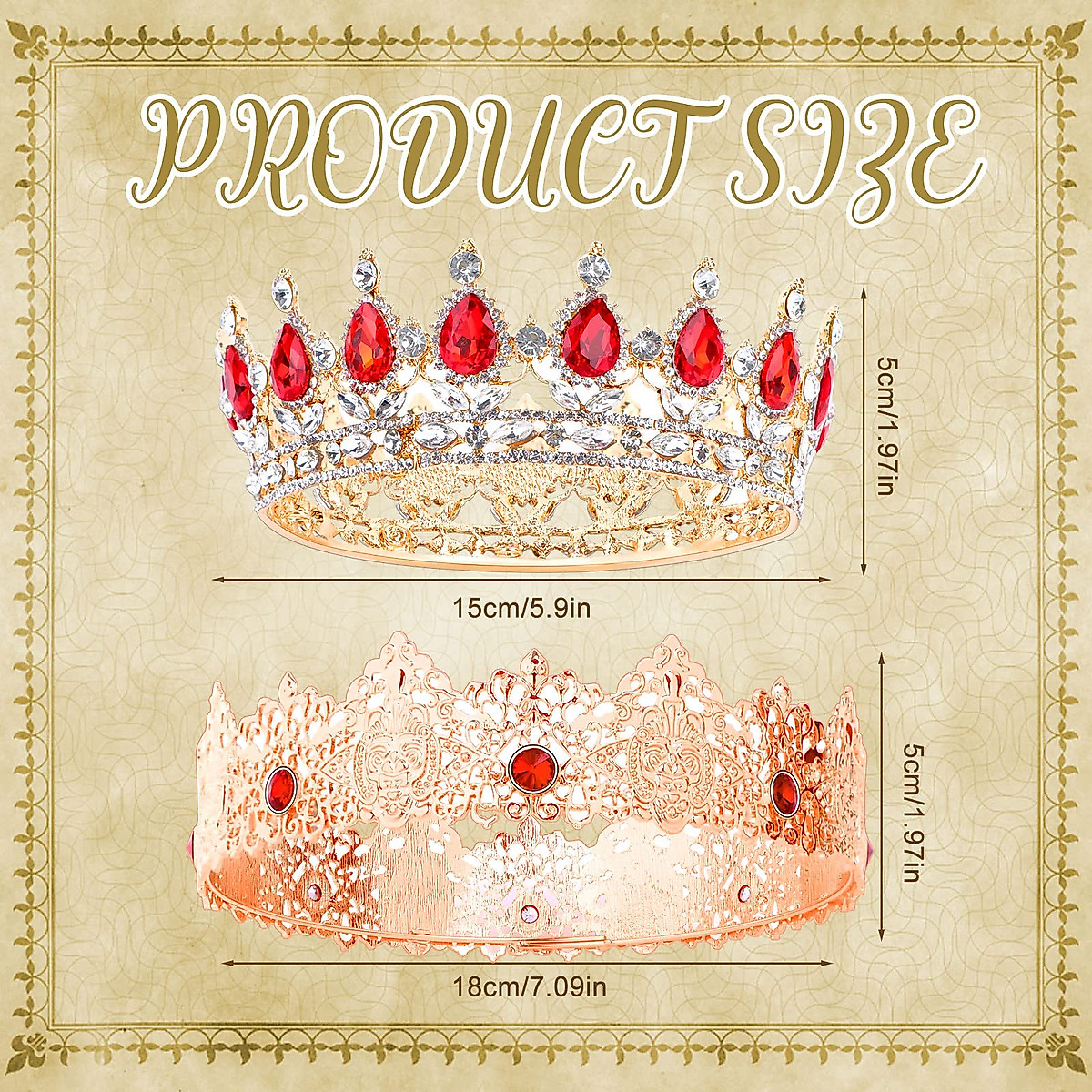 2 Pieces Antique Royal King Crown for Men Baroque Queen Crown for Wedding Birthday Women Crystal Tiara Prom Accessories Graduation Costume Party Hair Accessories