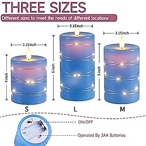 Upinmz Flameless Candle with String of Lights Battery Powered LED Candle Flashing Candle with Remote Control and Timer 3 Packs (Blue)