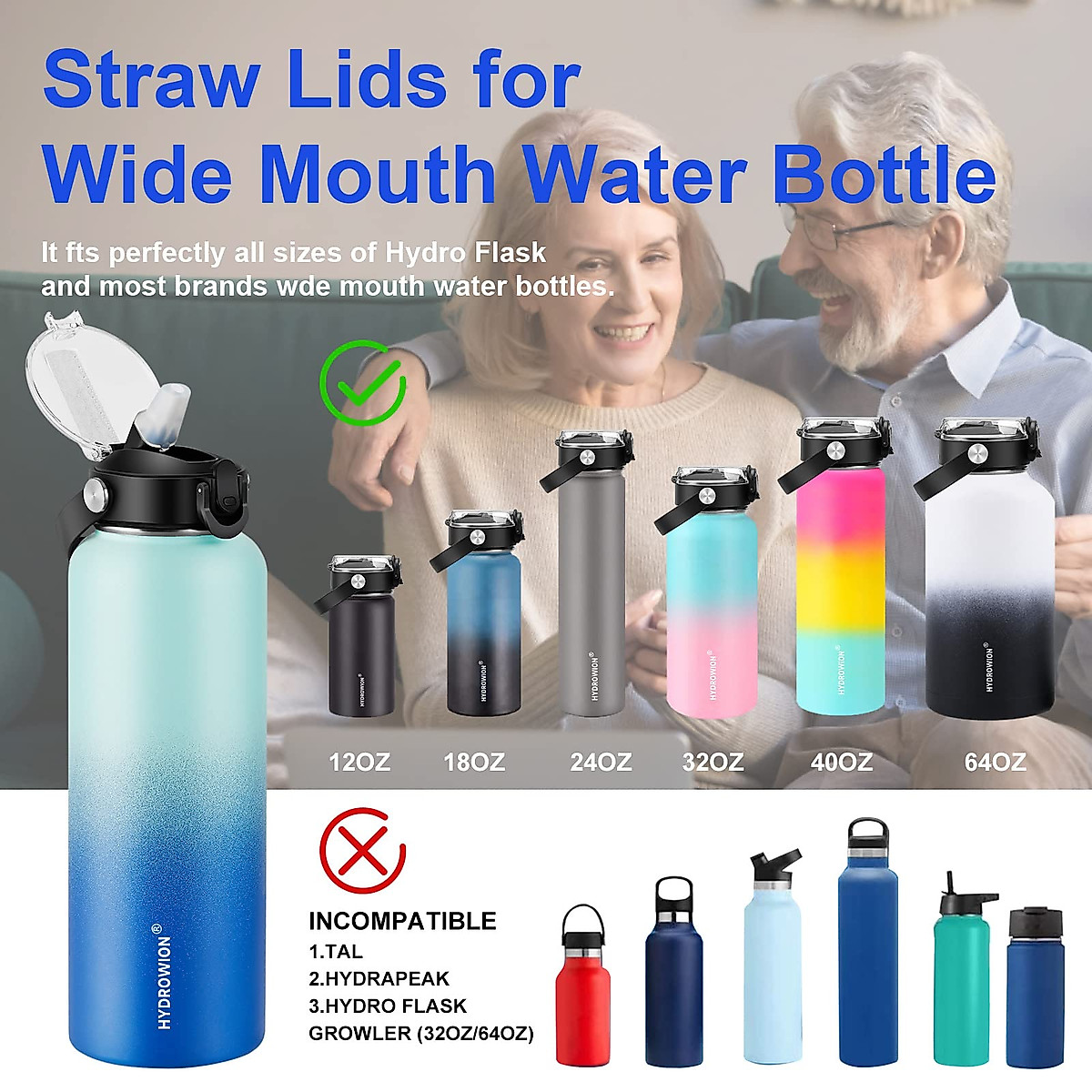 HYDROWION 2 Pack Auto Flip Straw Lid with Button Lock for Wide Mouth Water Bottle 12, 18, 24, 32, 40, 64oz, Great Lid for Hydro Flask, Takeya, Iron Flask,Black